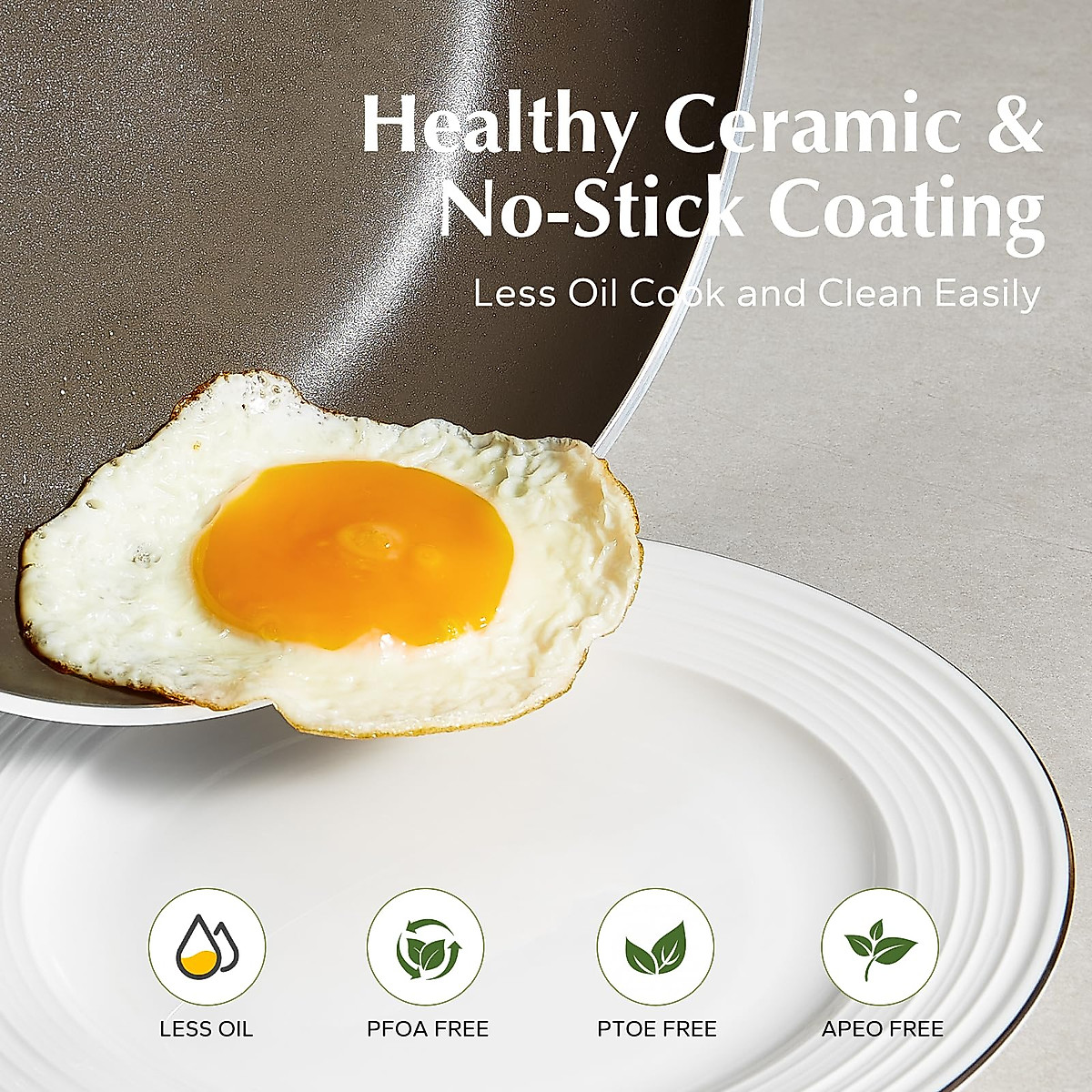 ROCKURWOK Non Stick Frying Pans Ceramic Pan, 3-Piece Set Cooking Pan with Stainless Steel Handle, 8" &10" and 12" Pan - Free of PFAS, PTFE, PFOA, Dishwasher Safe, Oven Safe