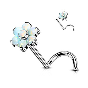 OUFER 20G Nose Studs, Flower Designed White Opal Paved Push-in Nose Rings, G23 Solid Titanium Nose Screw Studs, Nostril Piercing Jewelry for Women and Men