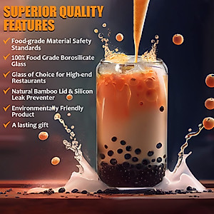 Ritzy Home Shopping - Aesthetic Set of 4-16 Oz Tumbler Glasses with Bamboo Lids and Glass Straws - Clear Drinking Glass Design for Iced Coffee, Tea, Cocktail, latte or Beer.