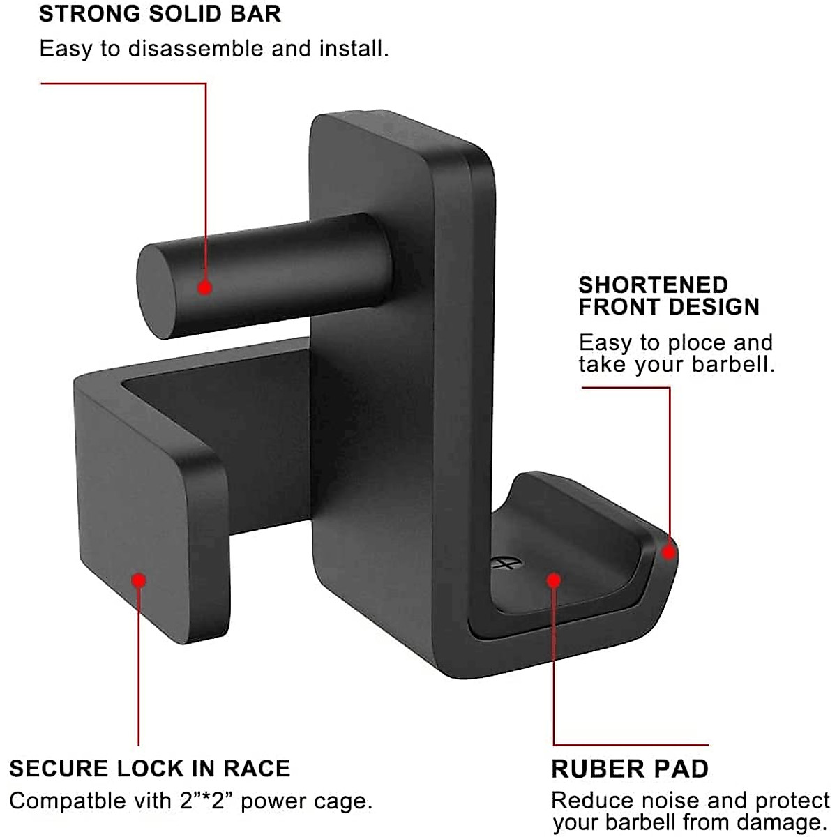 SELEWARE J Hooks for Power Rack, Heavy Duty Barbell J Cups for 2" x 2" Tube Squat Rack with 1" Hole, 1500lbs Capacity, Set of 2