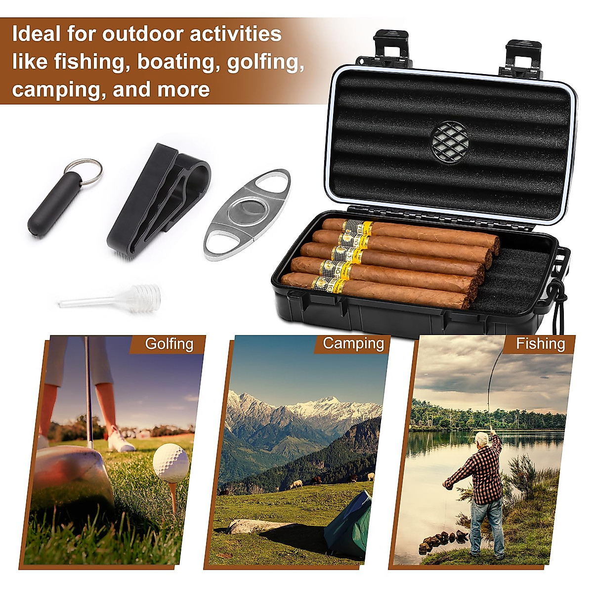 Flauno Travel Cigar Humidor Case - Portable Cigar Box kit with Humidifier Disc, Cigar Cutter, Cigar Punch, Cigar Holder & Dropper, Waterproof, Crushproof, Airtight (Holds up to 10 Cigars)