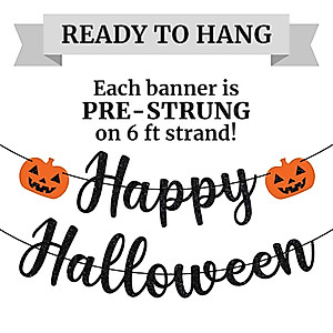 Pre-Strung Happy Halloween Banner - NO DIY - Black Glitter Halloween Banner - Pre-Strung Garland on 6 ft Strand - Pumpkin Jack O'Lantern Halloween Party Decorations & Decor. Did we mention no DIY?