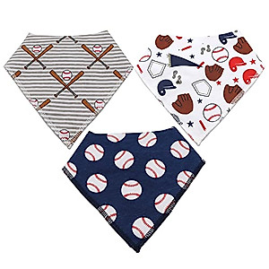 LNGLAT 3-Pack Baby Bandana Drool Bibs for Boys and Girls with Adjustable Snaps, Organic Cotton Soft and Absorbent Newborn bibs, Toddler Baby Baseball Pattern Bibs for Drooling and Teething