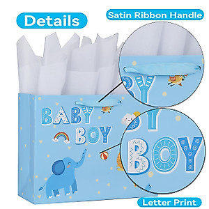13" Large Blue Gift Bag Set with Greeting Card and Tissue Paper(Elephant and Lion Design) for Baby Boy,Baby Shower,Kids Birthday Party,Newborn,New Moms or Parents - 13” x 5.2” x 10.2”, 1 Pcs.