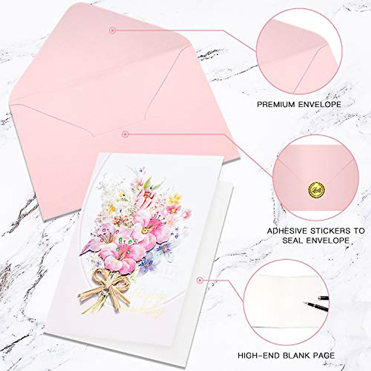 padike Premium Birthday Cards Box Set - Modern Floral - Birthday Wishes Greeting Cards - 8pc Happy Birthday Card with Envelopes Box Set - Envelopes and Gold Seals
