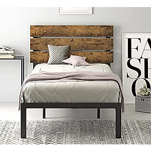 SHA CERLIN Twin Size Platform Bed Frame with Wood headboard and Metal Slats/Rustic Country Style Mattress Foundation/Box Spring Optional/Strong Metal Slats Support/Easy Assembly, Dark Brown