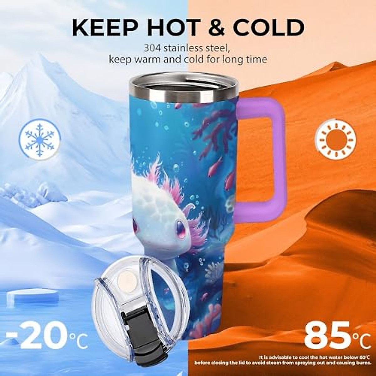 Cute Ocean Animal Axolotl Insulated Tumbler with Lid And Straw Stainless Steel Travel Coffee Mug 40oz Violet-style