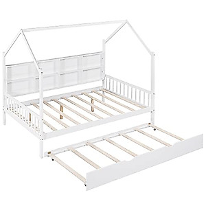 Merax Wood Full House Daybed with Trundle Bed Storage Shelf,Day Bed for Kids Boys Girls No Box Spring Needed White