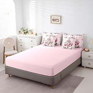 Manfei Girls Princess Full Bedding Set 7 Pieces,Cartoon Castle Pink Comforter Sets,Blooming Flowers Bedding Comforter Sets with 1 Comforter,2 Pillowcases,2 Pillow Covers,1 Flat Sheet,1 Fitted Sheet