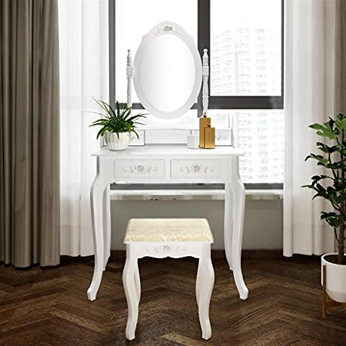 IRDFWH Dressing Table Concise 4-Drawer 360-Degree Rotation Removable Dresser White with Dressing Table Stool