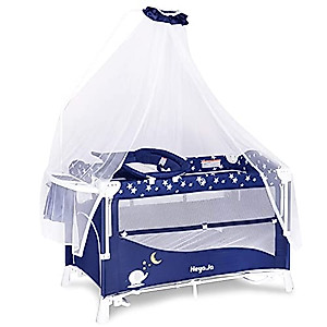 Heyo.Ja Double Layer Baby Playard, 5 Height Adjustable Crib,Changing Diaper Rack,Foldable Bassinet Bed with Luxury Mosquito Net,Starry Sky Fence,Two Toys Bag,Wheels & Brake, Carry Bag (Navy)