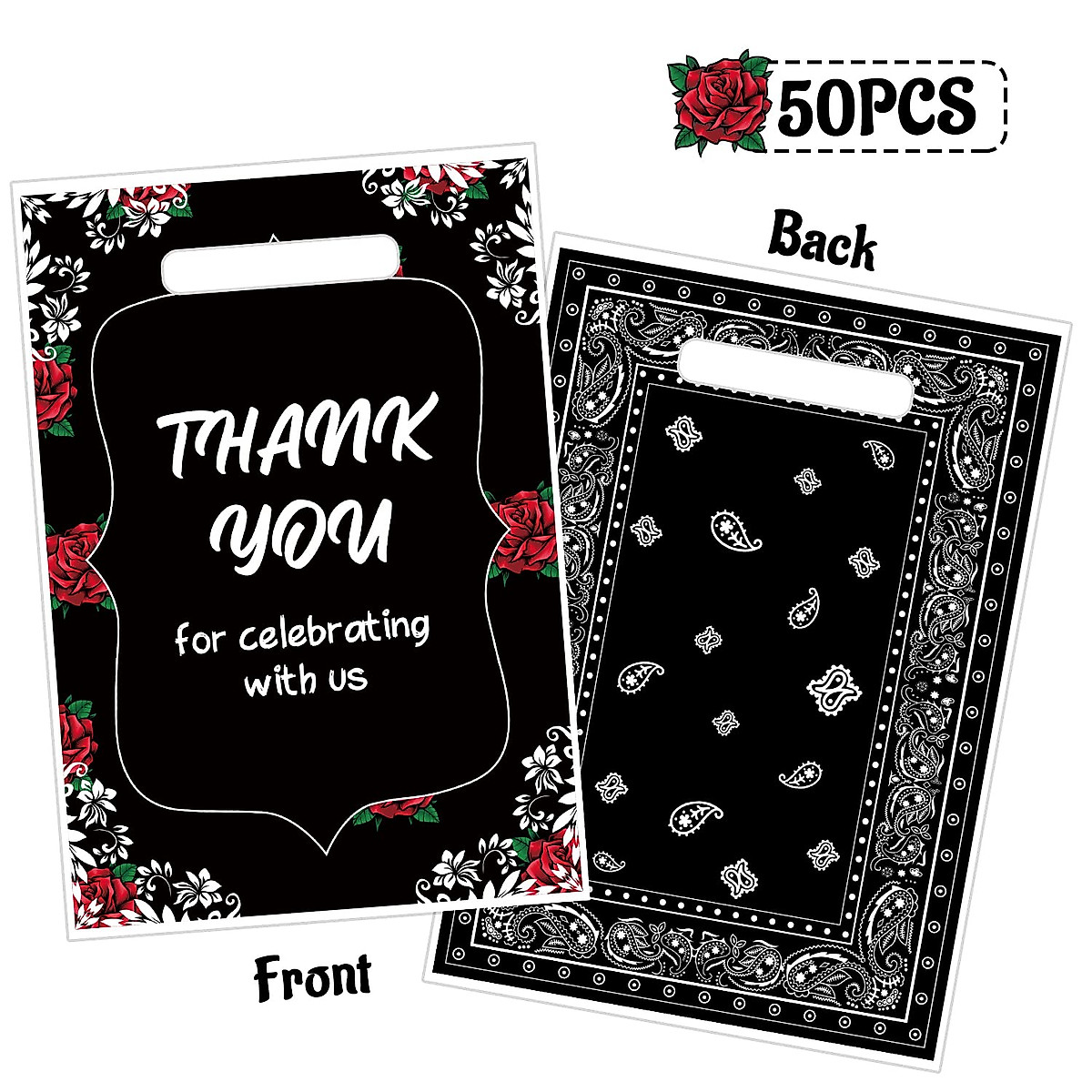BkeeCten 50PCS Black Bandana Party Favors Bag with Handle Plastic Chicano Thank You Gift Goody Treat Candy Bags Black Western Bandana Return Gift Bags for Old School Cholo Theme Birthday Party Supply
