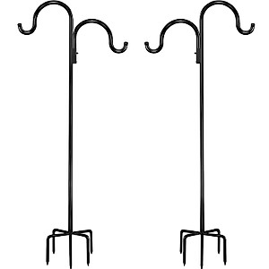 Outdoor Double Shepherds Hook/Bird Feeder 5/8 in Pole with 5 Shakes Base, DUYKQEM 92 inch Heavy Duty Garden Hanging Plant Stand 2 Pack, Outside Holder Hanger for Lanterns Light,Wedding Flower Basket