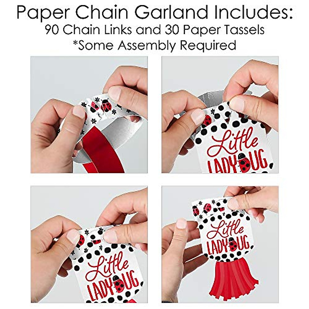 Big Dot of Happiness Happy Little Ladybug - 90 Chain Links and 30 Paper Tassels Decoration Kit - Baby Shower or Birthday Party Paper Chains Garland - 21 feet