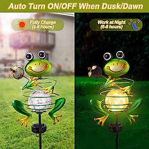HEDAQI Frog Solar Garden Light, Metal Stake Light Crackle Glass Waterproof Globe Outdoor Decoration, Solar Power LED Light for Garden, Lawn, Patio, Pathway Decor