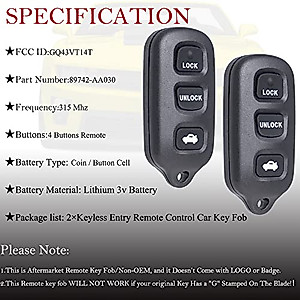 2 Key Fob Remote Replacement Fits for Toyota Sienna 1999 2000 2001 2002 2003/Matrix&Pontiac Vibe 03 2004 2005 2006 2007 2008/Camry 02-06/Solara 02-03 Q43VT14T Keyless Entry Remote Control 89742-AA030