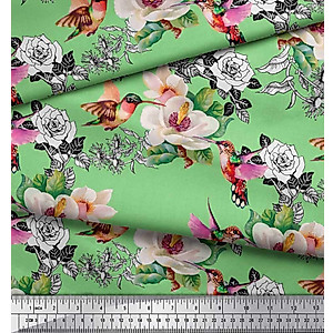 Soimoi Cotton Cambric Green Fabric - by The Yard - 42 Inch Wide - Hummingbird, Leaves & Flower Floral Textile - Playful and Delicate Fusion for Stylish Creations Printed Fabric