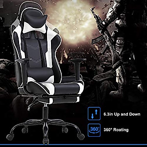 BestOffice Racing Office Ergonomic Desk Massage PU Leather Recliner Computer Lumbar Support Headrest Armrest Footrest Rolling Swivel Task Chair for, Adults, White