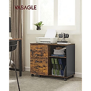 VASAGLE Lateral File Cabinet, Home Office Printer Stand, with 3 Drawers and Open Storage Shelves, for A4, Letter-Size Documents, Rustic Brown + Black