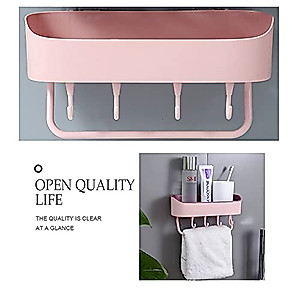 KUAW ,Shower Caddy, Self Adhesive Wall Mounted Shower Rack, Kitchen Hanging Tray Storage Rack, Shampoo Storage Basket Soap Rack With 4 Hooks And 1 Towel Rack, For Bathroom, Kitchen, No Drilling, Pink