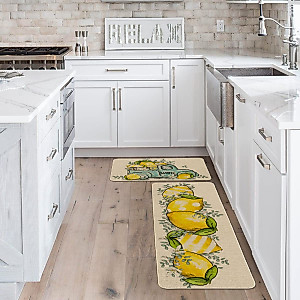 Artoid Mode Eucalyptus Lemon Truck Summer Kitchen Mats Set of 2, Spring Home Decor Low-Profile Kitchen Rugs for Floor - 17x29 and 17x47 Inch