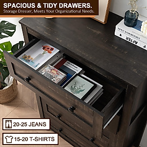 HALLYBEE Farmhouse 5 Drawer Dresser, 48" Tall Dresser for Bedroom, Wood Chest of Drawers with Round Metal Handle, Storage Dresser Organizer for Bedroom, Living Room, Hallway, Dark Rustic Oak