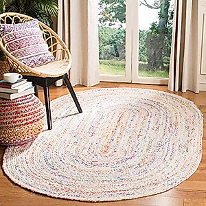 SAFAVIEH Braided Collection 3' x 5' Oval Ivory/Multi BRD210B Handmade Boho Reversible Cotton Area Rug