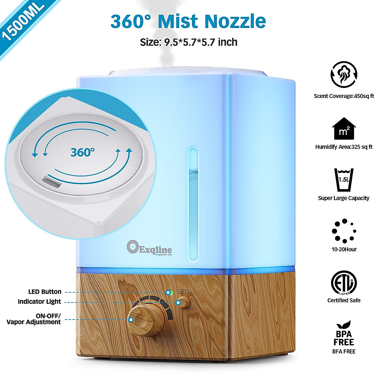 1500ml Aroma Essential Oil Diffuser Large – Exqline Diffuser for Essential Oils Large Room Large Aromatherapy Diffuser Large Room Unique Diffuser Humidifier for Essential Oils (Wood Grain)