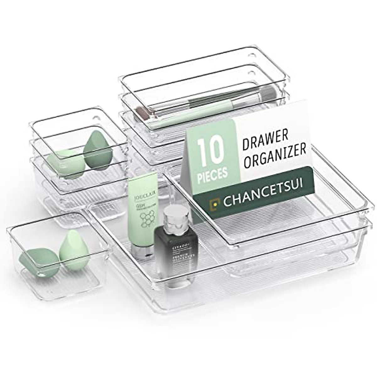 CHANCETSUI 10 pcs Desk Drawer Organizer Non-Slip Organiser Trays, 4-Size Clear Plastic Drawer Storage Boxes, Drawer Organizer Dividers for Makeup, Kitchen, Bedroom, Bathroom, Office