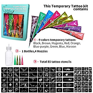 9 Pcs 9 Color Temporary Tattoo Kit, with 5 Page total 85 Tattoo Stencils Sticker India Temporary Body Art Paint Ink Set, Brown, Black, Maroon, Red, Blue, Green