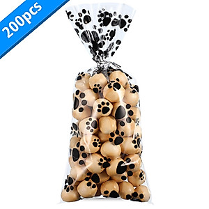 Blulu 200 Pcs Pet Paw Print Cellophane Bags Dog Party Favor Bags Heat Sealable Treat Bags Dog Paw Gift Bags Cat Candy Bags with 200 Pieces Silver Twist Ties for Pet Treat Party Favor (Black)