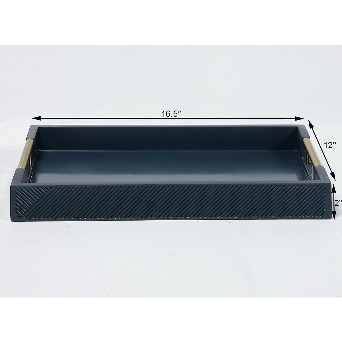 Serving Tray with Polished Metal Handles, 16.5''x12'' Rectangle Coffee Table Tray, Modern Decorative Tray, Large Ottoman Tray, Perfect for Storage and Display (Blue)