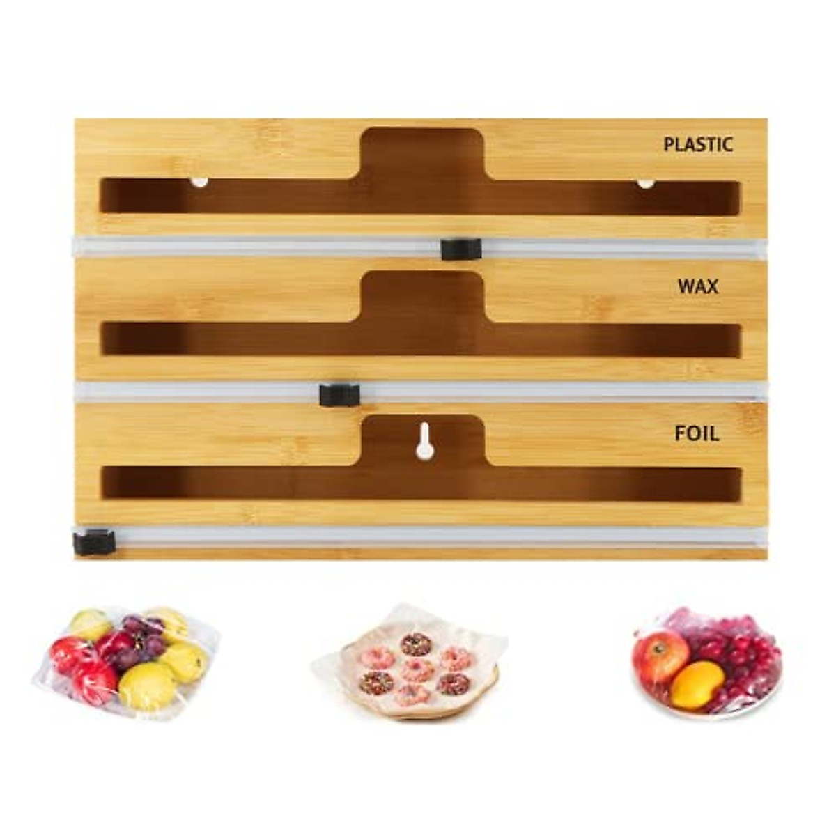 FORTBIT Foil and Plastic Wrap Organizer with Cutter - 3in1 Natural Bamboo Wooden Plastic, Wax, Parchment, Aluminum Foil and Plastic wrap Dispenser with Cutter - 12" Kitchen Wrap Dispenser for Drawer