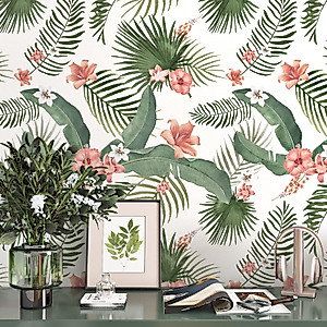 Skyblur Boho Waallpaper Vintage Floral Peel and Stick Wallpaper 17.5"X118" Tropical Banana Leaf Wall Paper Palm Removable Contact Paper for Cabinets Mural Stick on Wallpaper Home Decor for Walls