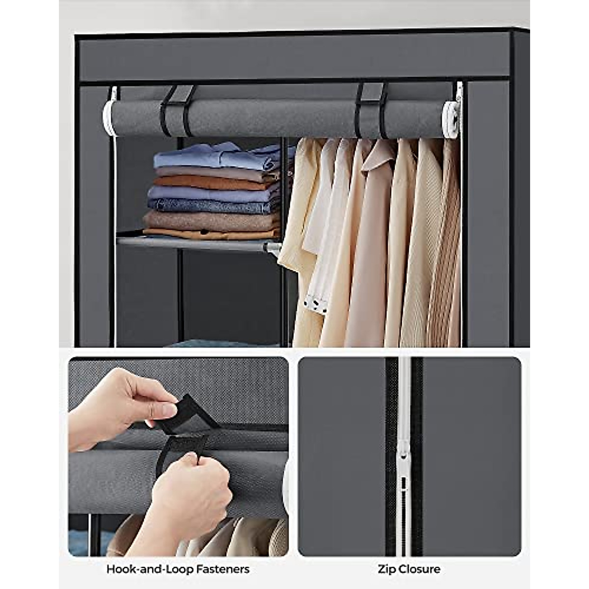 SONGMICS Portable Closet, Clothes Storage Organizer with 6 Shelves, 1 Clothes Hanging Rail, Non-Woven Fabric Closet, Metal Frame, 17.7 x 34.6 x 66.1 Inches, Gray URYG84GY