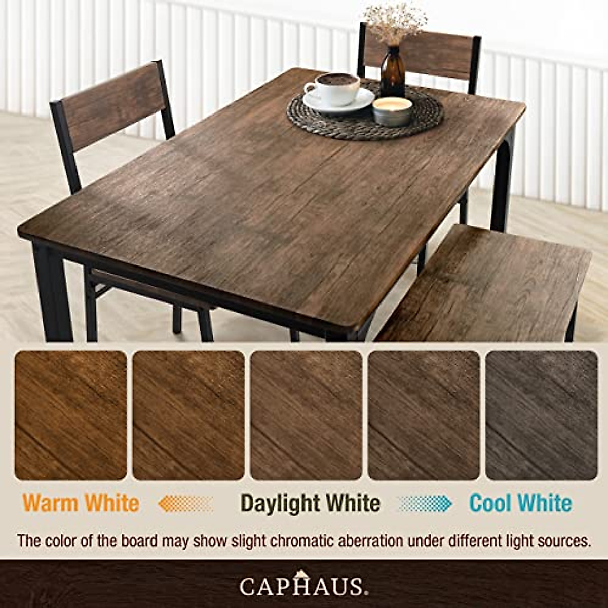 CAPHAUS 4 Pieces Dining Table Set for 4 w/Bench and Chairs, Modern Table Set for Dining Room, Home, Kitchen w/Storage Rack, Rectangle Table, Bench & Two Chairs, Space-Saving Dining Set, Teak Oak