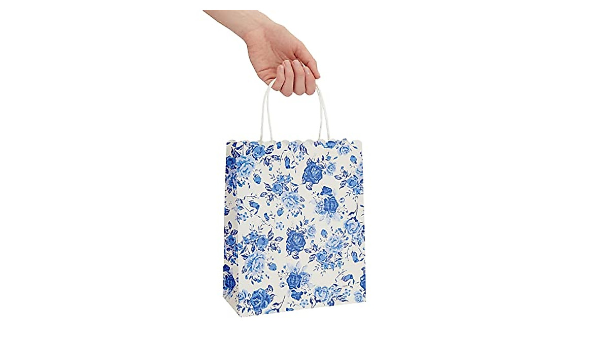Blue Rose Gift Bags Set - 24 Medium Floral Party Bags