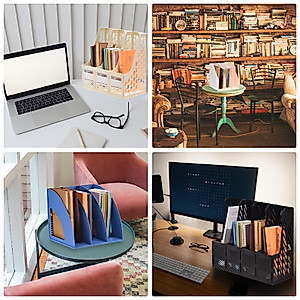 PATIKIL Magazine File Holder, Plastic Vertical 4 Compartment Desktop File Book Newspaper Notebook Storage Rack Bookshelf Folder Organizer for Office, Light Pink