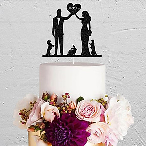 Mr & Mrs Wedding Cake Topper, Bride and Groom with Pet Dog Cat Rabbit Silhouette Party Cake Decorations, Engagement Bridal Shower Bachelorette Cake Decors Black Glitter
