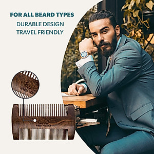 Beard Comb for Men, Wooden Natural Sandalwood, Fine Dual Action Teeth Beard Comb, Handmade Premium Sandal Wood, Fine & Coarse Tooth Perfect for Balms and Oils, Includes PU Leather Case, Pocket Size