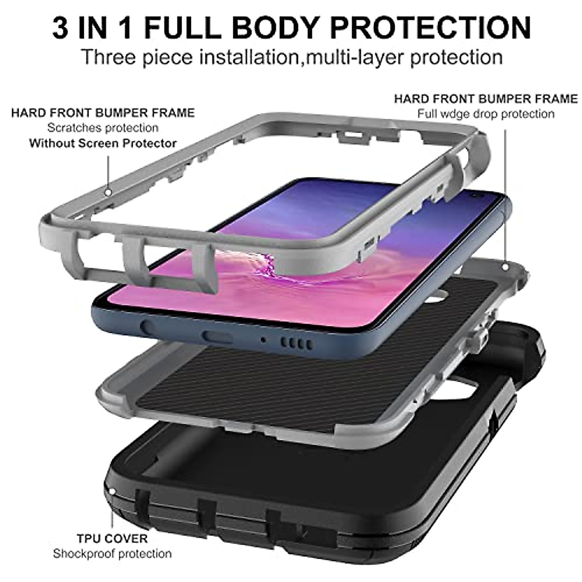 HONG-AMY Galaxy S10E Case: 3-in-1 Shockproof Heavy Duty Protection, 2 Nano Explosion-Proof Films, Black/Grey