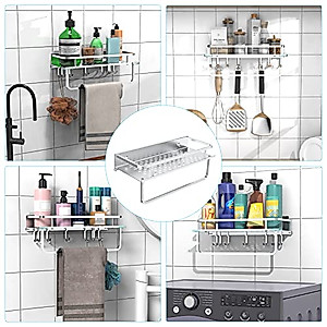 Shower Caddy Bathroom Shower Organizer No Drilling Install with 8 Hooks and Towel Rail Shower Shelf for Inside Shower,Detachable Wall Mounted Shower Shelves for Dorm Bathroom Toilet Kitchen Storage