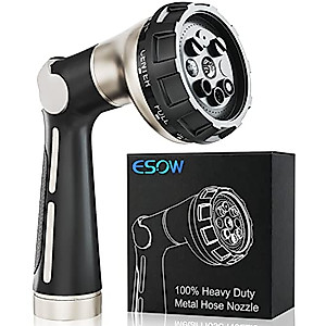 ESOW Garden Hose Nozzle 100% Heavy Duty Metal, Water Hose Sprayer with 8 Watering Patterns, Thumb Control On Off Valve, High Pressure Nozzle Sprayer for Watering Plants, Car and Pet Washing, Black