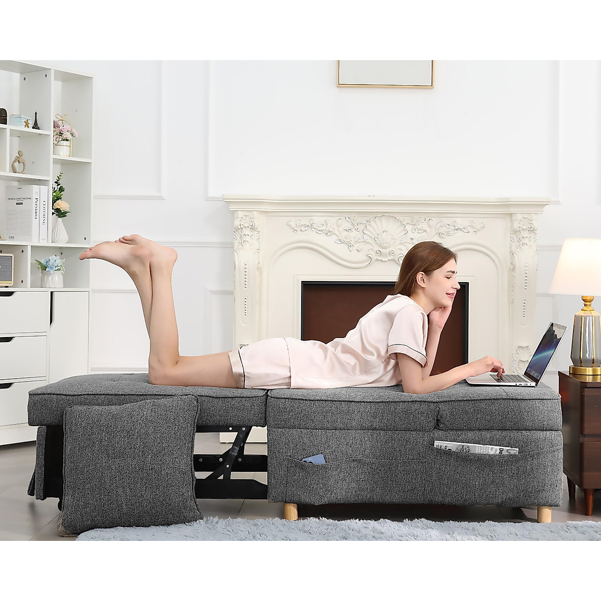 SEJOV Sleeper Sofa Chair Bed,4-in-1 Convertible Sofa Bed Chair with 6 Adjustable Backrest and Pillow, 3-Seat Pull Out Sleeper Chair Linen No Backrest for Bedroom Small Space Living Room, Dark Grey