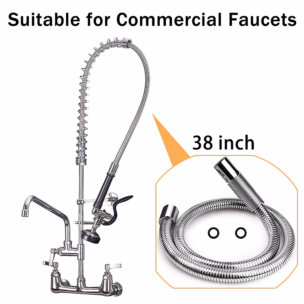 KOLLNIUN 38" Commercial Pre Rinse Hose Stainless Steel Flexible for Commercial Kitchen Sink Restaurant Industrial Dishwasher Faucet Pre-Rinse Sprayer Hose Replacement Part (96CM/38inch)