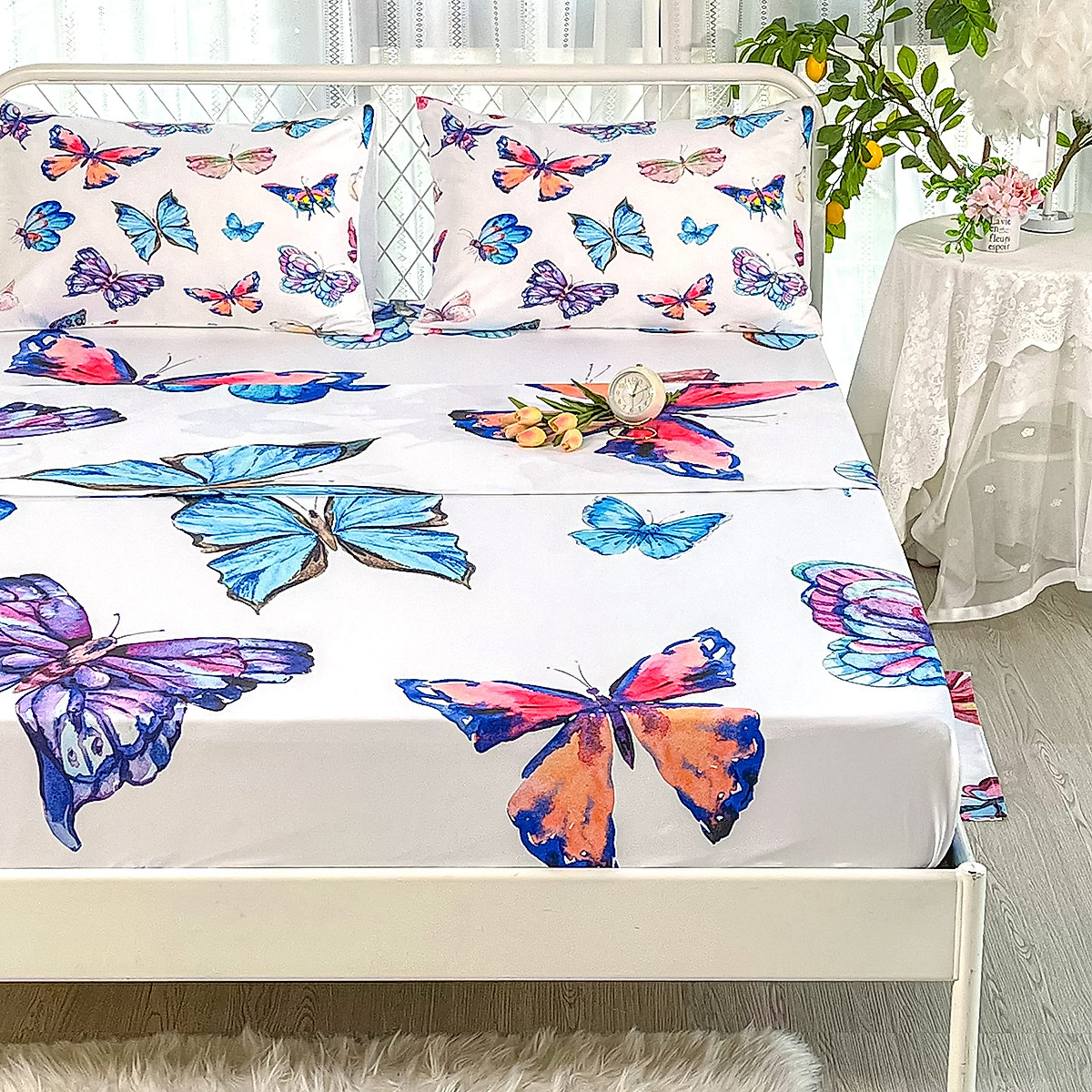 CVHOUSE Butterfly Fitted Sheet Queen Size,Butterfly Bedding Set,Colorful Butterfly Bed Sheet Set,1 Flat Sheet & 1 Fitted Sheet with 2 Pillow Cases - 4 Piece