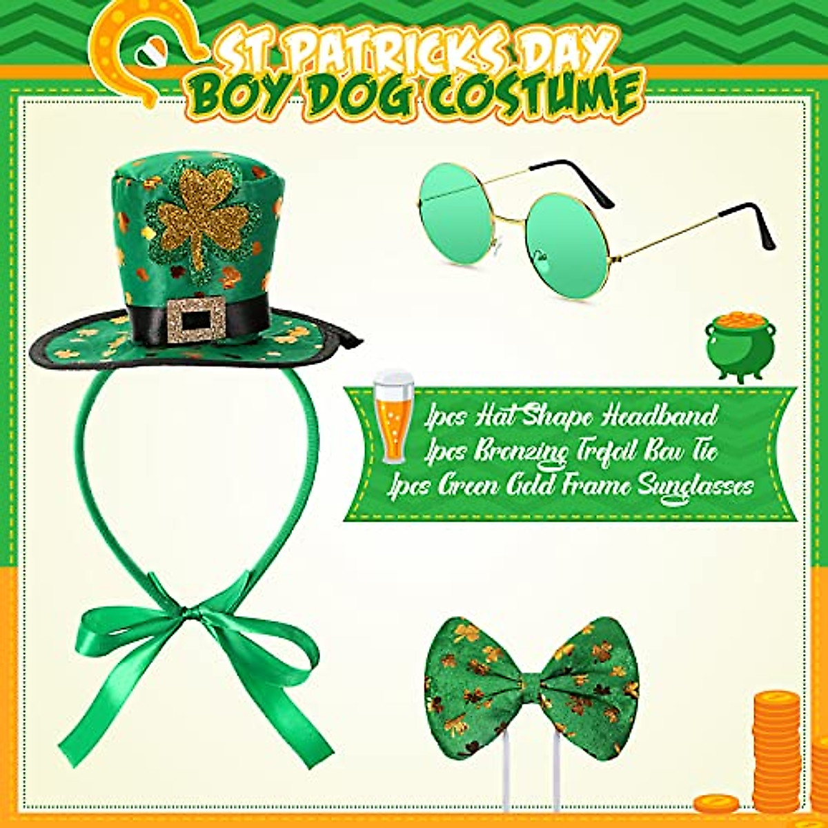 3 Pcs St Patrick&#039;s Day Dog Costume, St. Patty&#039;s Day Doggie Headband Green Round PET Sunglasses and Green Shamrock Bow Tie Kit for Medium Large Dogs