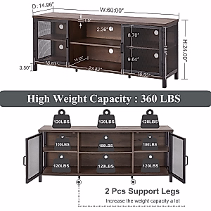 FATORRI Industrial Entertainment Center for TVs up to 55 60 65 Inch, Rustic Wood TV Stand, Large TV Console Cabinet with Doors for Living Room (60 Inch Wide, Walnut Brown)
