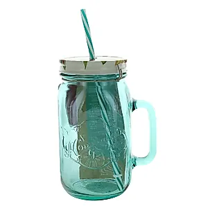 The Pioneer Woman 32 oz. Aqua Glass Mason Jar With Poinsettia Lid & Striped Straw