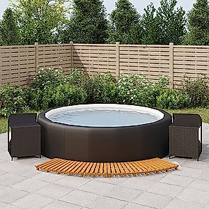 GOLINPEILO Spa Surround Black Poly Rattan and Solid Wood Acacia, Poly Rattan Outdoor Massage Hot Tub Frame with 2 Storage Shelf and 2 Spa Step, Patio Outdoor Hot Tub Surround, -9972